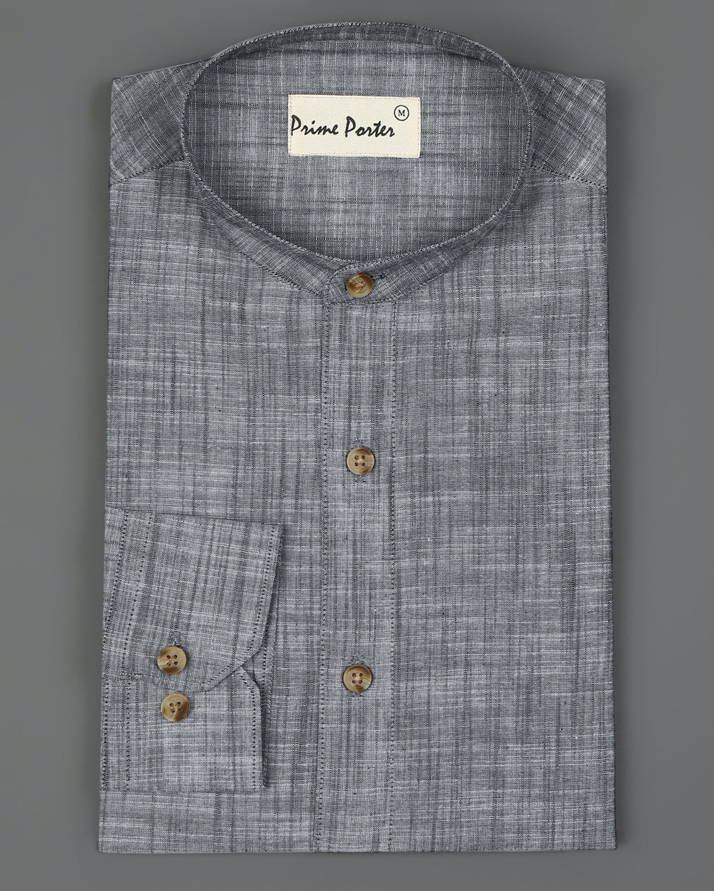 Ash Grey Band Collar Cotton Shirt For Men – Prime Porter