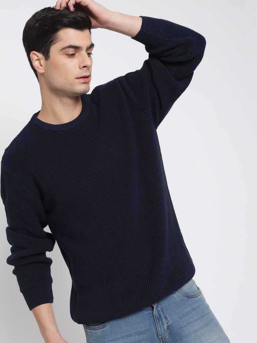 Navy Blue Purl Knit Sweater For Men – Prime Porter